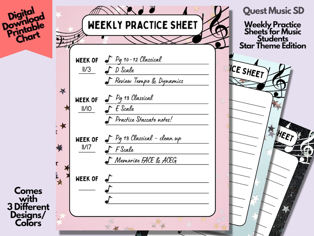 Weekly Practice Sheets PRINTABLE CHARTS (3 CHARTS) - Star Theme - for ...
