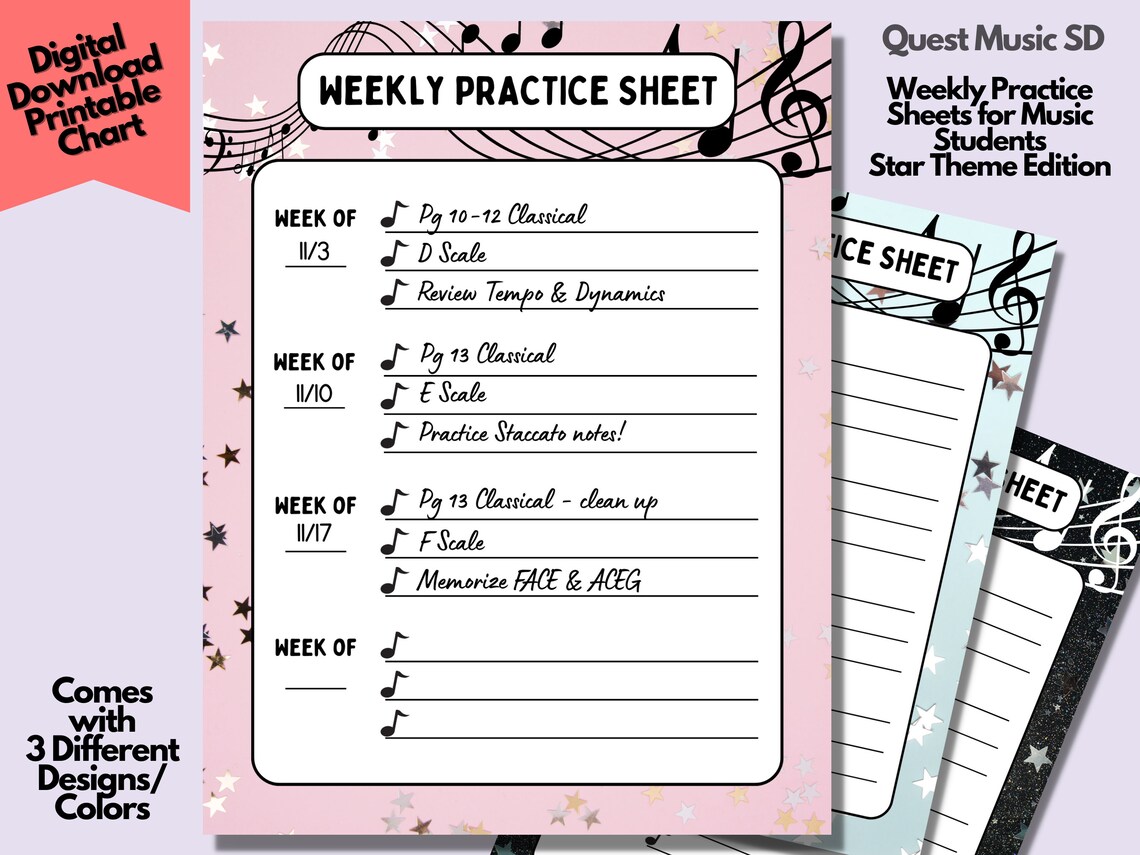 Weekly Practice Sheets PRINTABLE CHARTS (3 CHARTS) - Star Theme - for ...