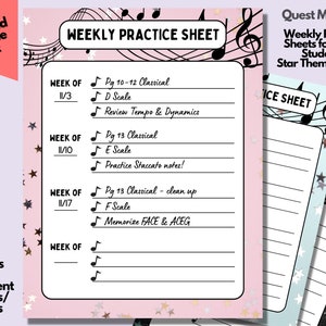Weekly Practice Sheets PRINTABLE CHARTS 3 CHARTS Star Theme for Music ...