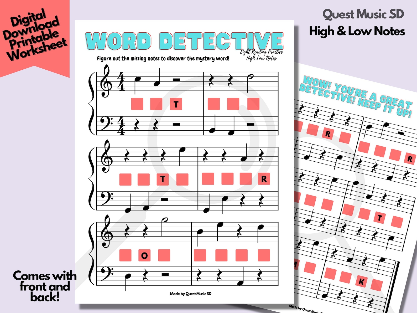 Music Sight Reading Practice PRINTABLE WORKSHEET - "word Detective ...