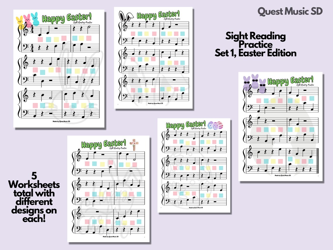 Music Sight Reading Practice PRINTABLE WORKSHEETS (5 PAGES) - Set 1 ...