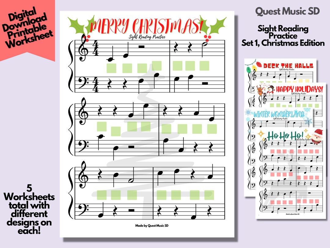 Music Sight Reading Practice PRINTABLE WORKSHEETS (5 PAGES) - Set 1 ...
