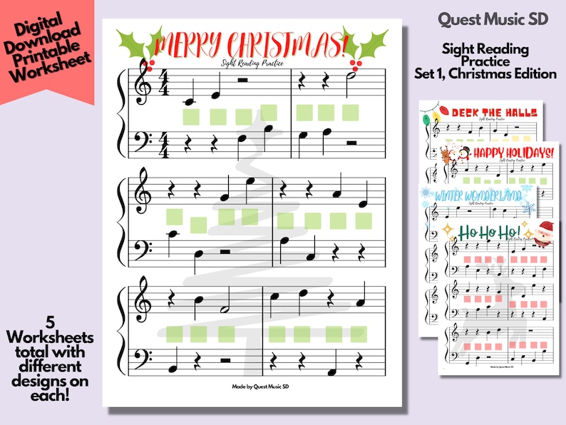 Music Sight Reading Practice PRINTABLE WORKSHEETS (5 PAGES) - Set 1 ...