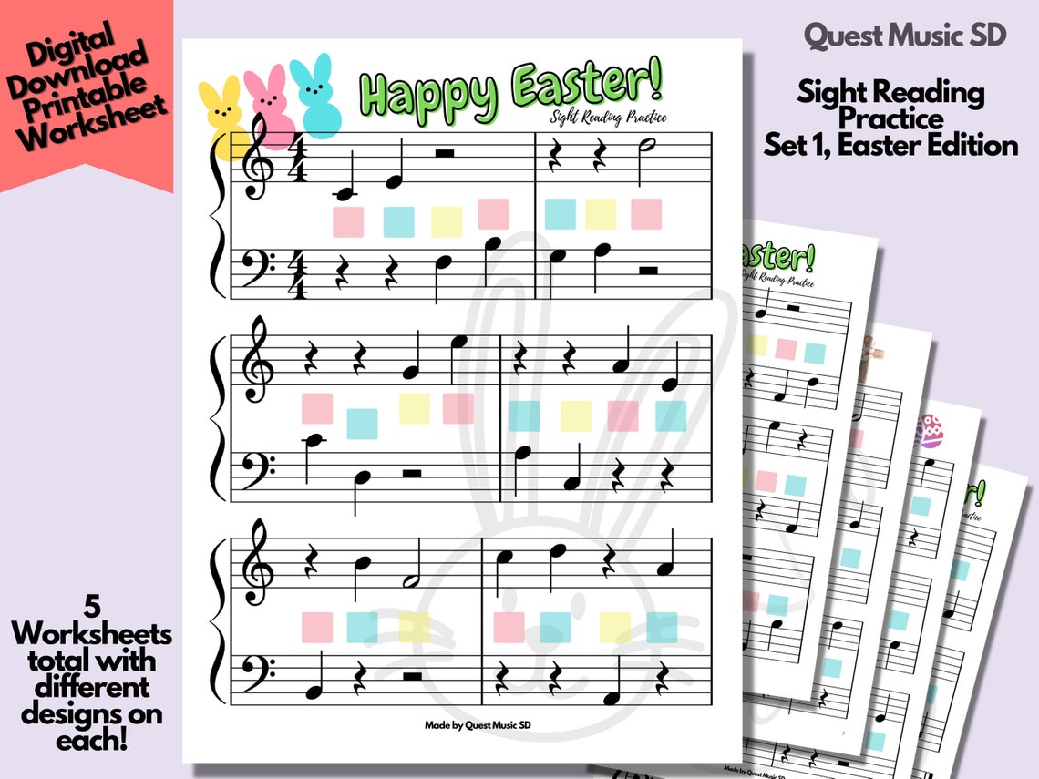 Music Sight Reading Practice PRINTABLE WORKSHEETS (5 PAGES) - Set 1 ...