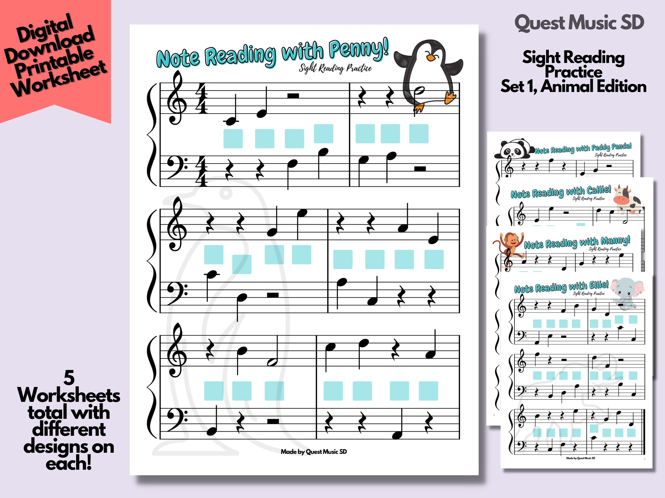 Music Sight Reading Practice PRINTABLE WORKSHEETS (5 PAGES) - Set 1 ...