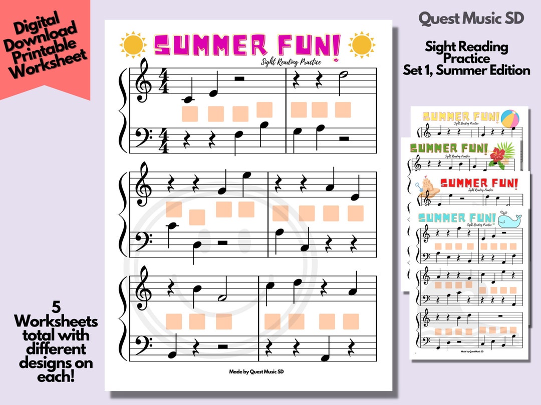 Music Sight Reading Practice PRINTABLE WORKSHEETS (5 PAGES) - Set 1 ...