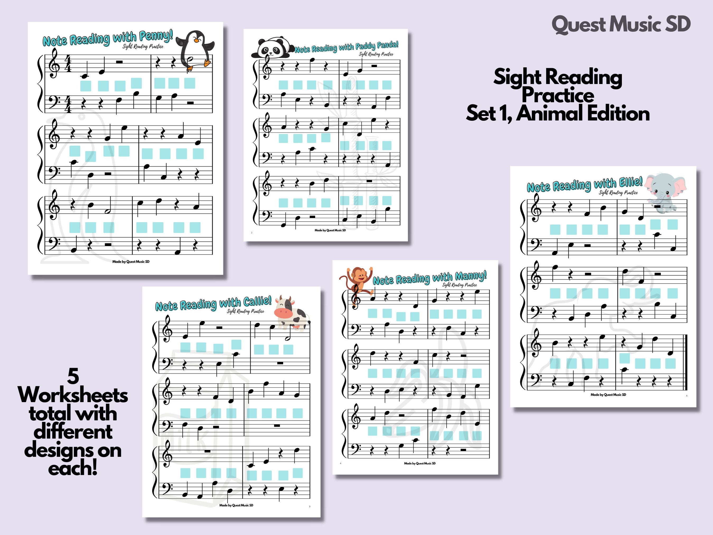 Music Sight Reading Practice PRINTABLE WORKSHEETS (5 PAGES) - Set 1 ...