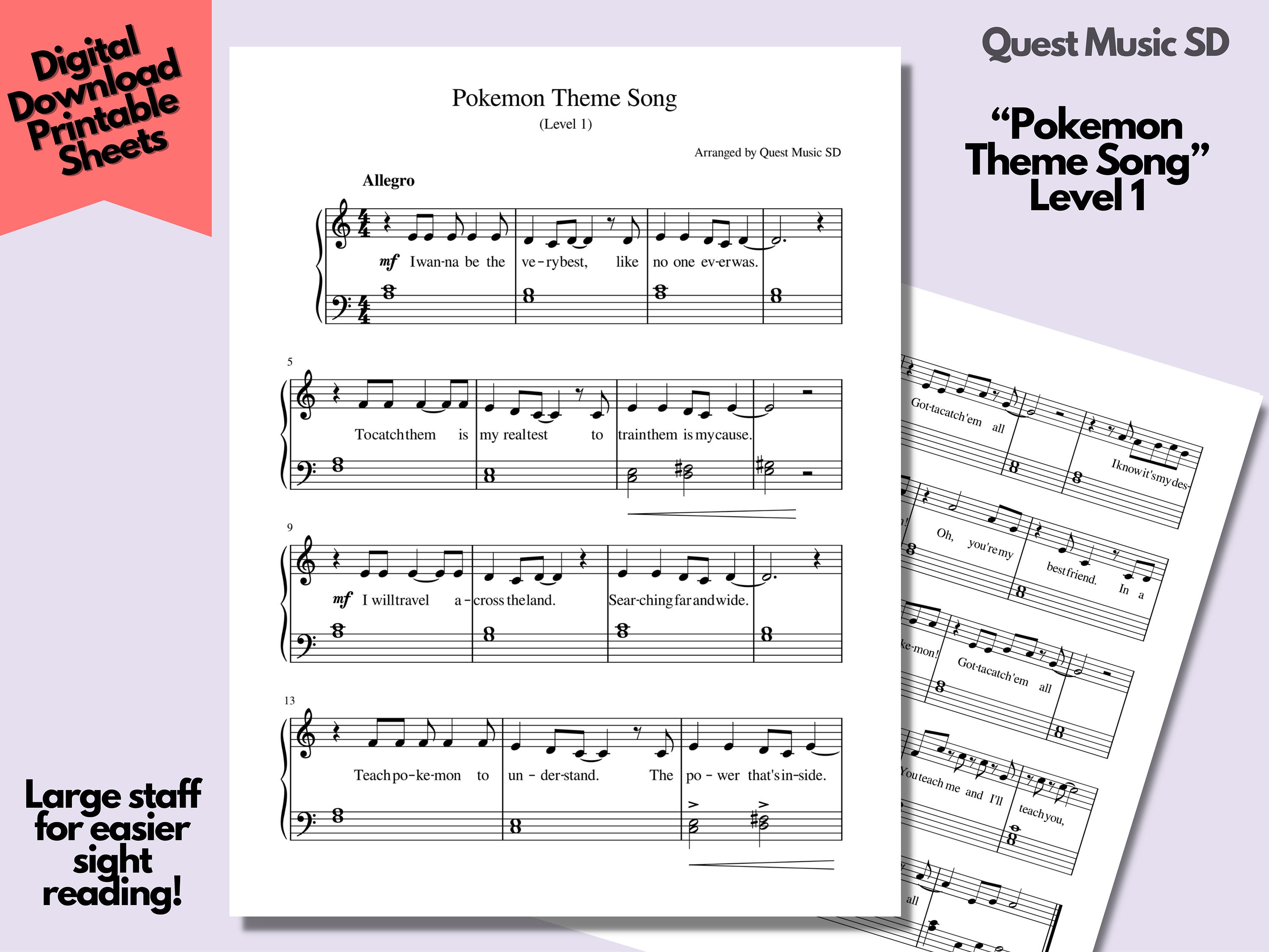 Pokemon Theme Song - Level 1 - Easy Piano Sheet Music (downloadable PDF ...