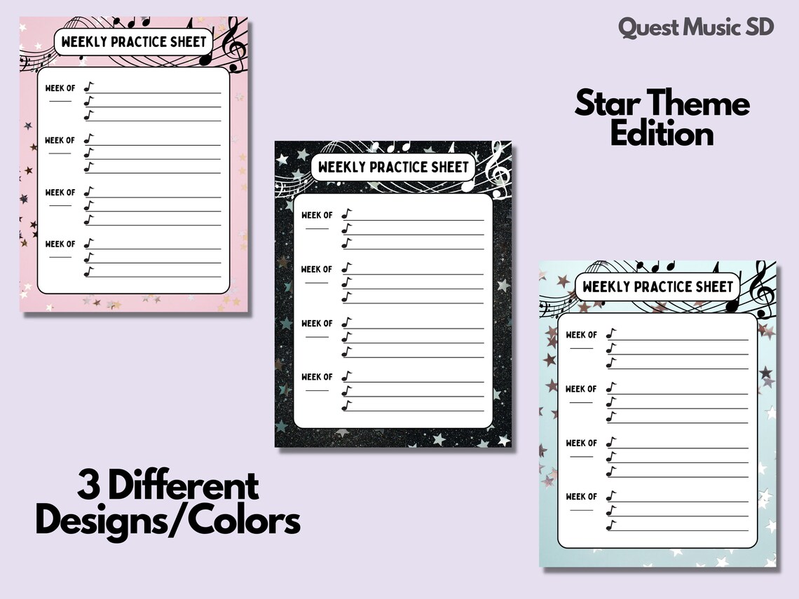 Weekly Practice Sheets PRINTABLE CHARTS (3 CHARTS) - Star Theme - for ...