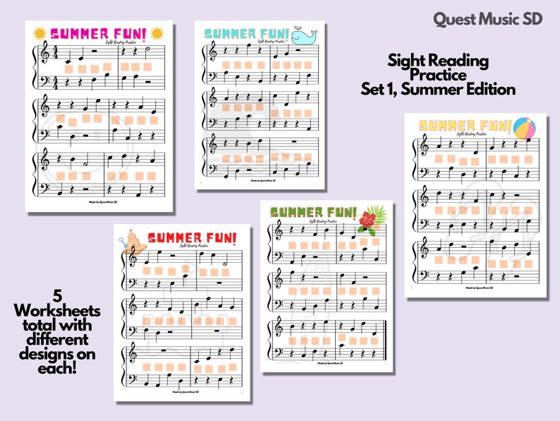 Music Sight Reading Practice PRINTABLE WORKSHEETS (5 PAGES) - Set 1 ...