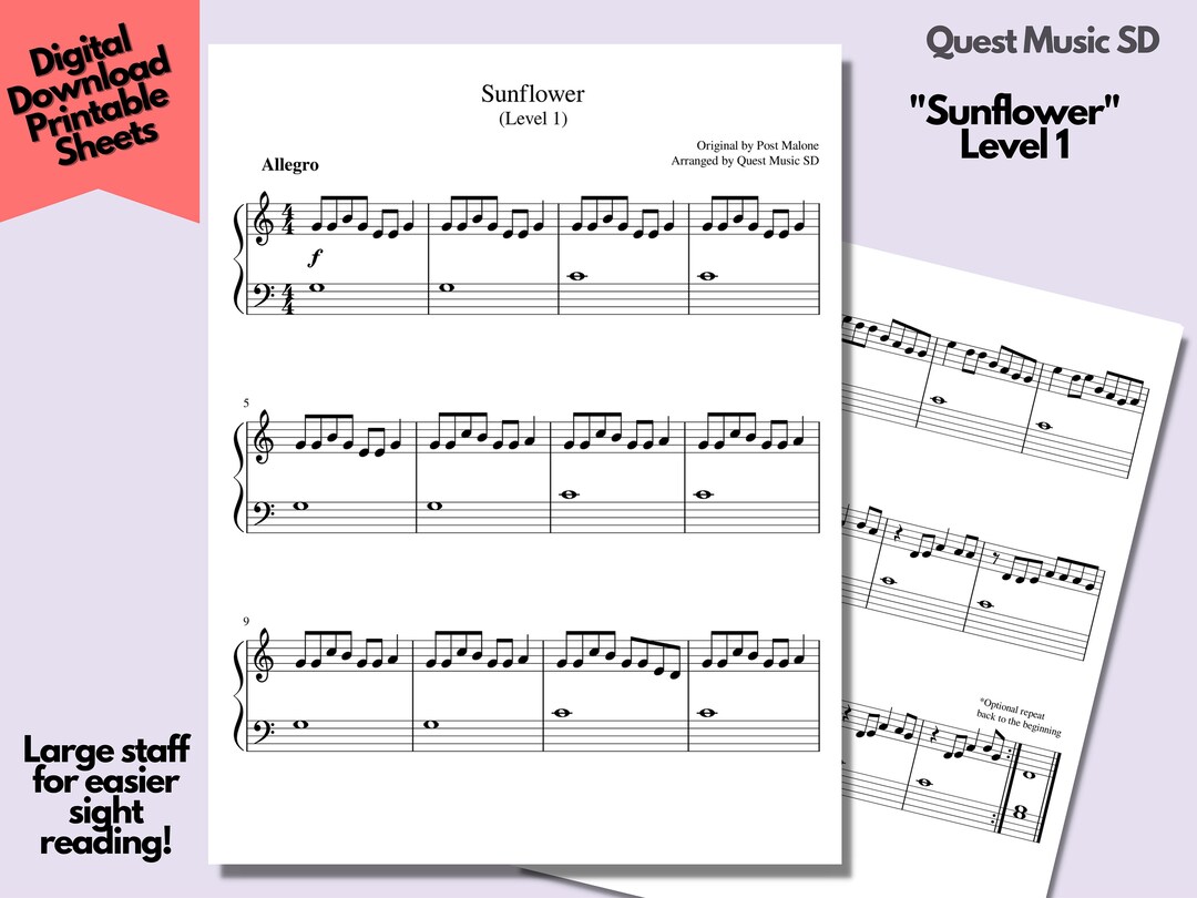 Piano Sheet Music - "sunflower" - Level 1 - Easy Piano Sheets, Beginner ...