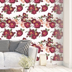 Red Roses Floral Wallpaper - Vintage Peel and Stick Wallpaper - Etsy