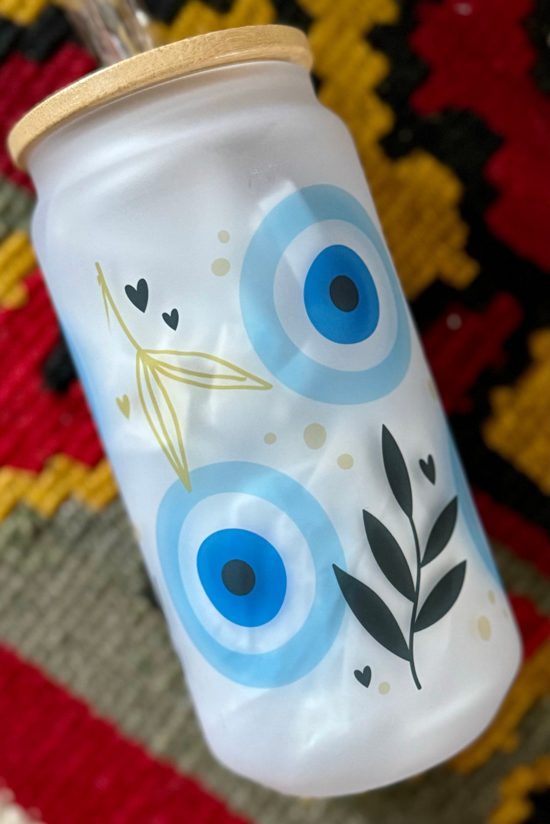 16oz Evil Eye & Olive Branch Glass Can - Mati Glass Tumbler - Evil Eye ...