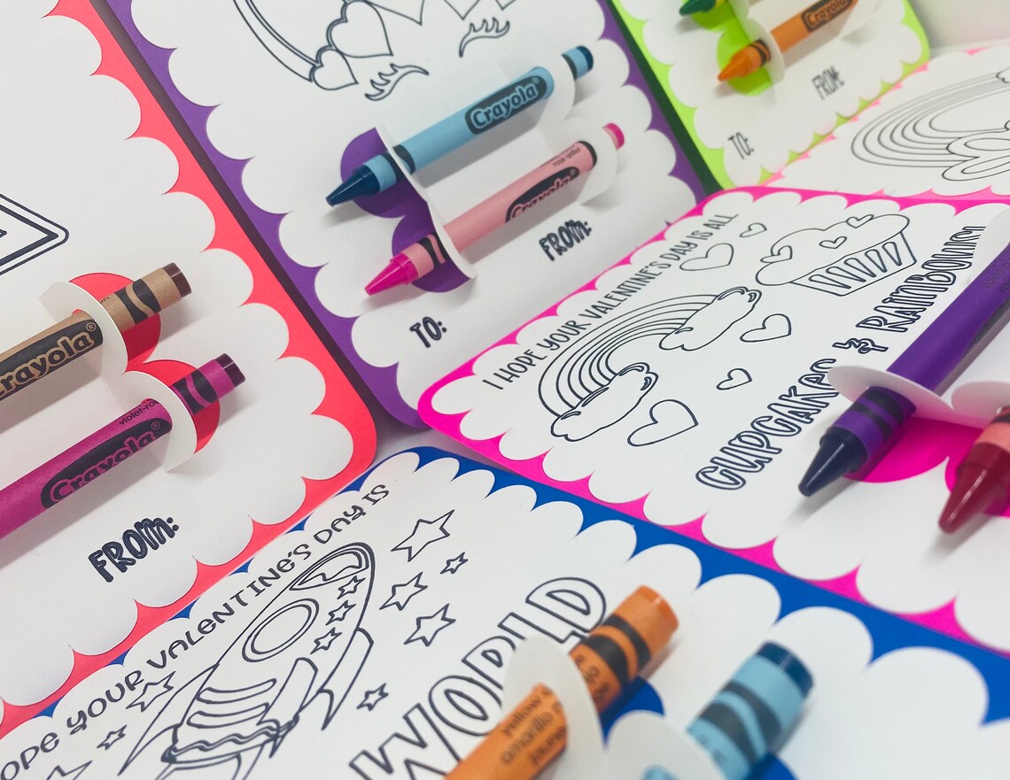 Valentine's Day Coloring Card Set With Crayons Gifts for | Etsy