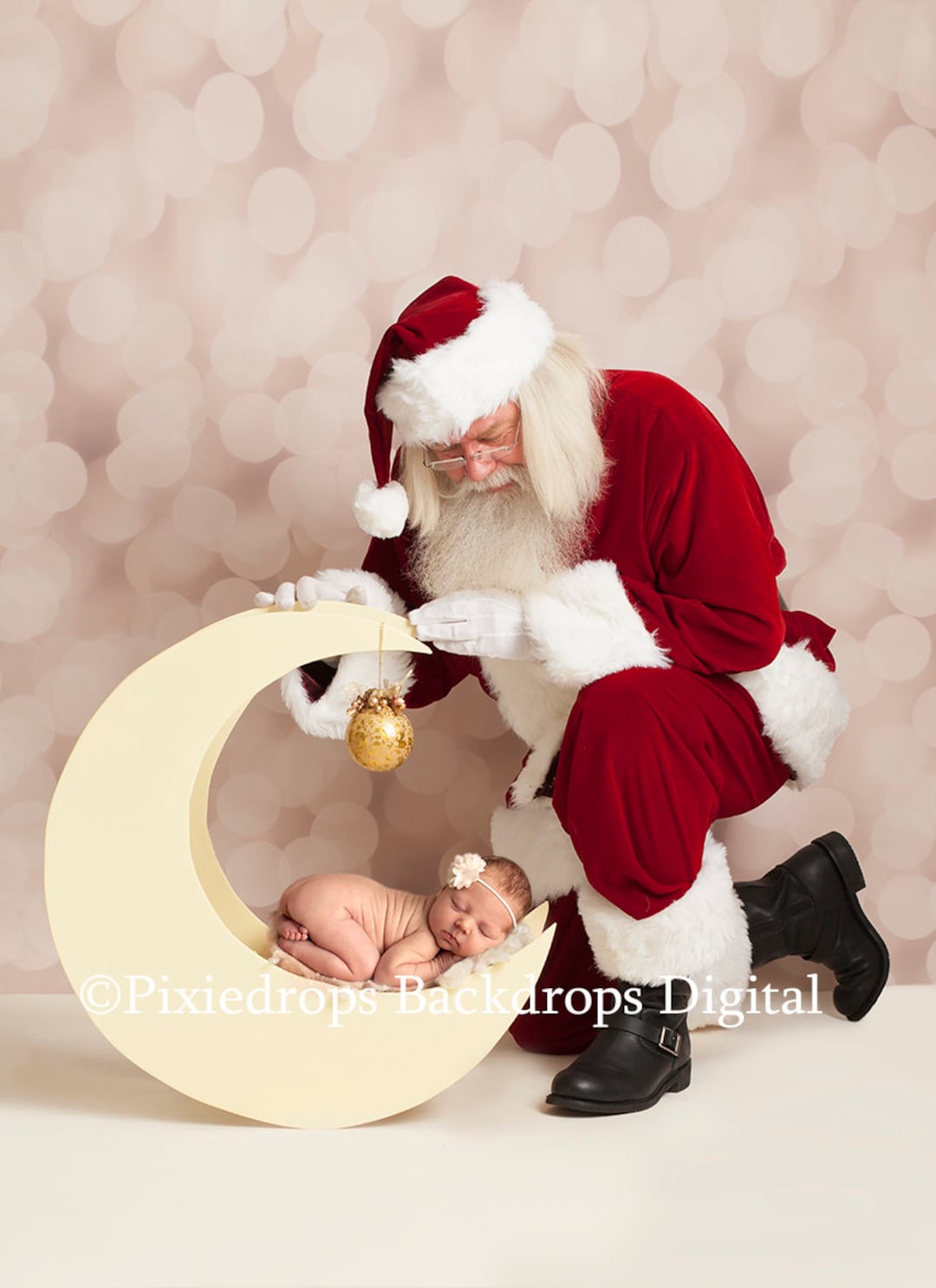 Santa Digital Backdrop, Santa With Moon, Newborn Moon Prop, Cream Bokeh ...