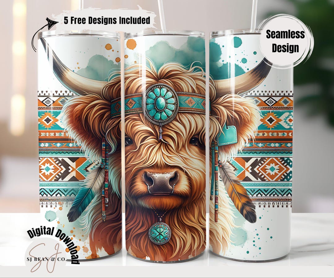 Boho Aztec Western Highland Cow Tumbler Wrap PNG, Boho Cow Sublimation ...