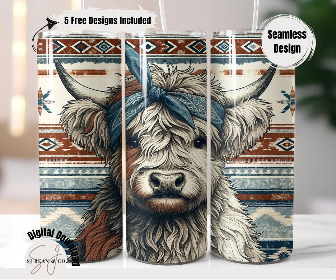 Rustic Aztec Western Highland Cow Tumbler Wrap PNG, Boho Cow ...