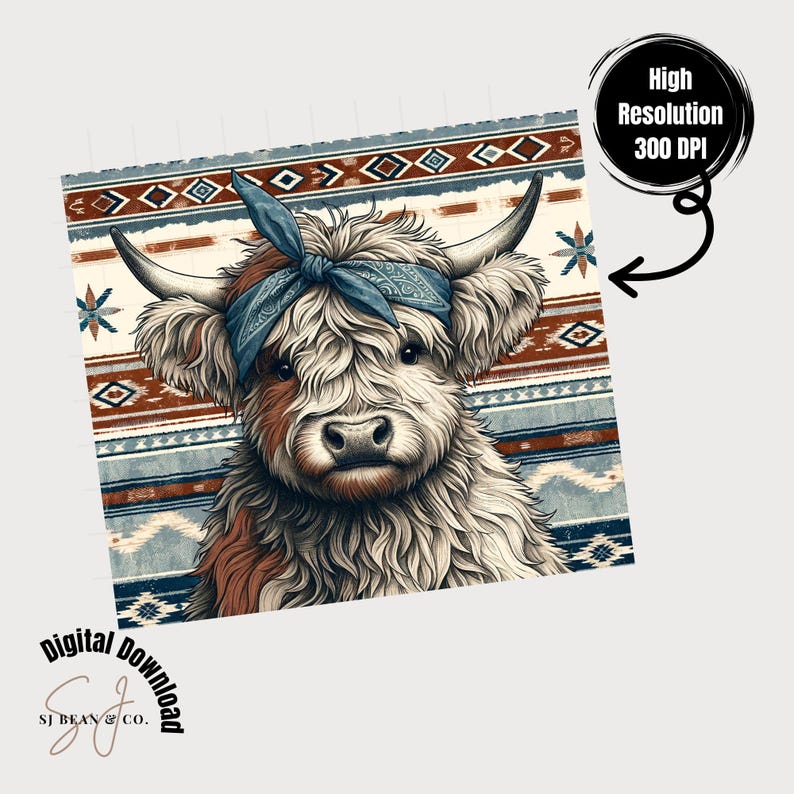 Rustic Aztec Western Highland Cow Tumbler Wrap PNG, Boho Cow ...