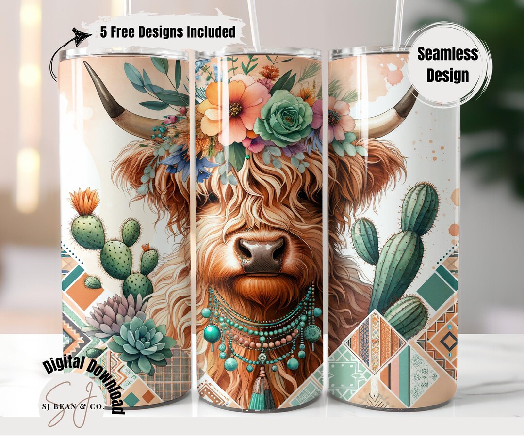 Boho Aztec Western Highland Cow Tumbler Wrap PNG, Floral Boho Cow ...