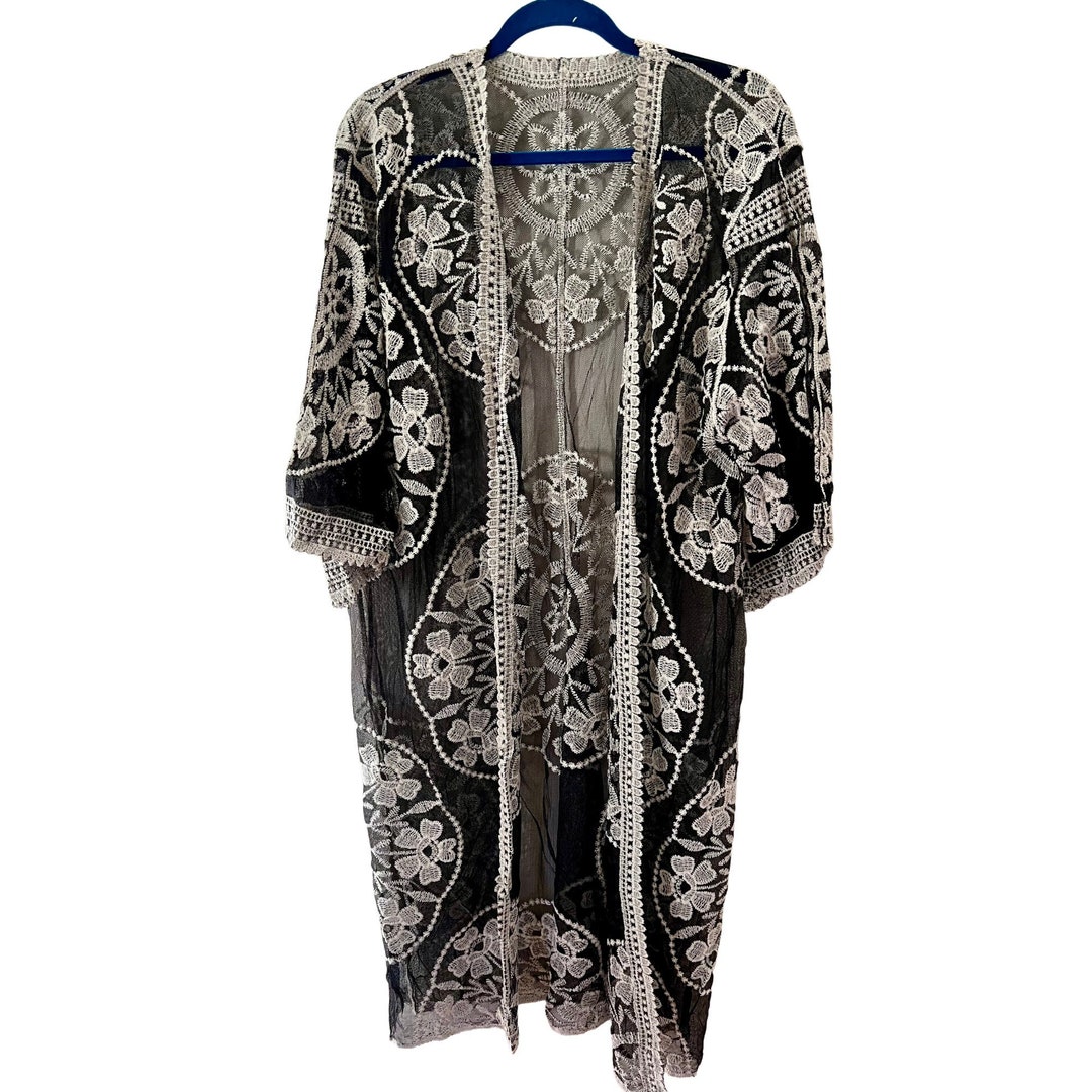 Black Embroidered Lace Medallions Duster Cardigan Black W/white Hand ...