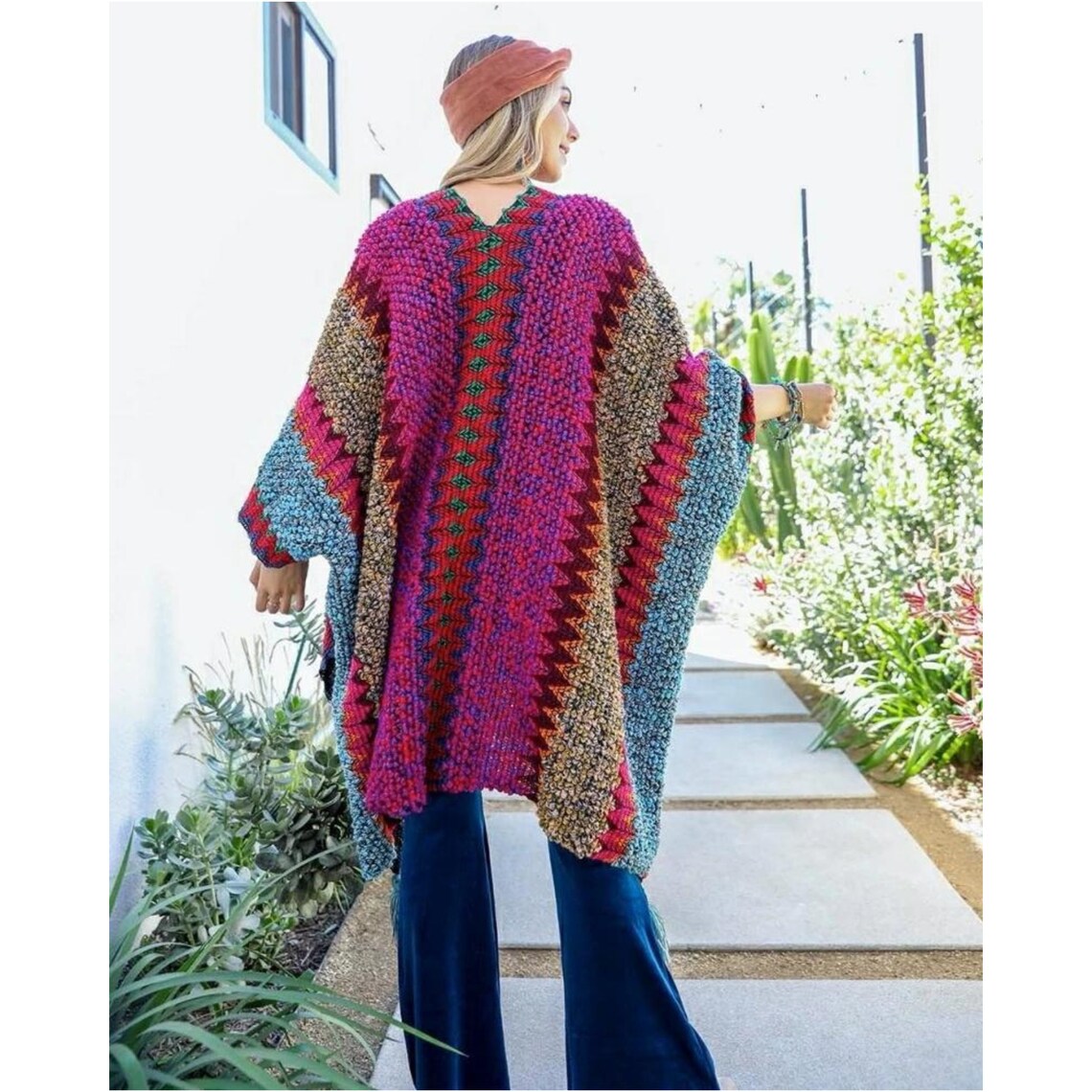 Magenta Crochet Patterned Ruana Beautiful Tassels One Size Poncho Wrap ...