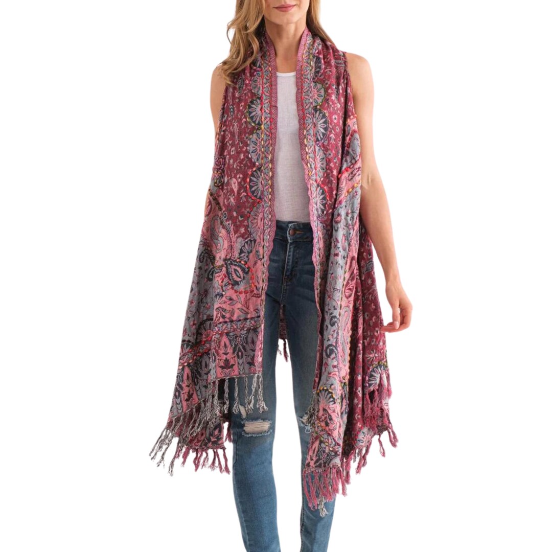 Raspberry Multicolor Long Vest Boho Embroidered Gift for Her Long Vest ...