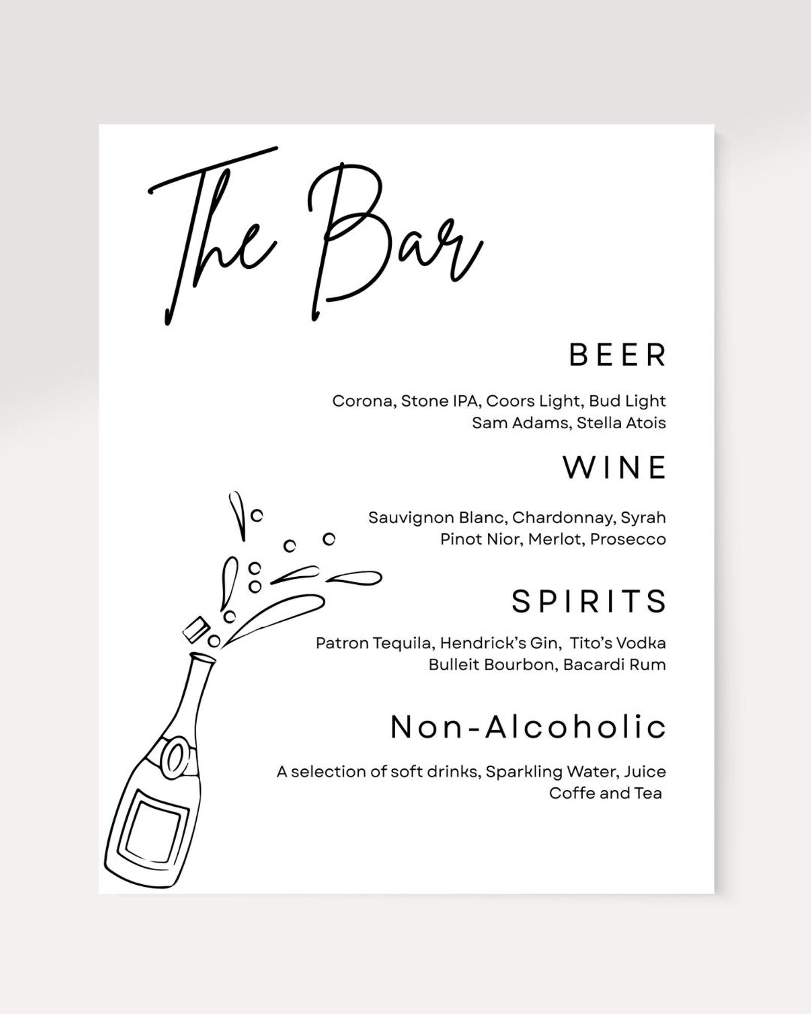 Wedding Bar Menu Sign Printable Simple Bar Menu Template Modern Bar ...