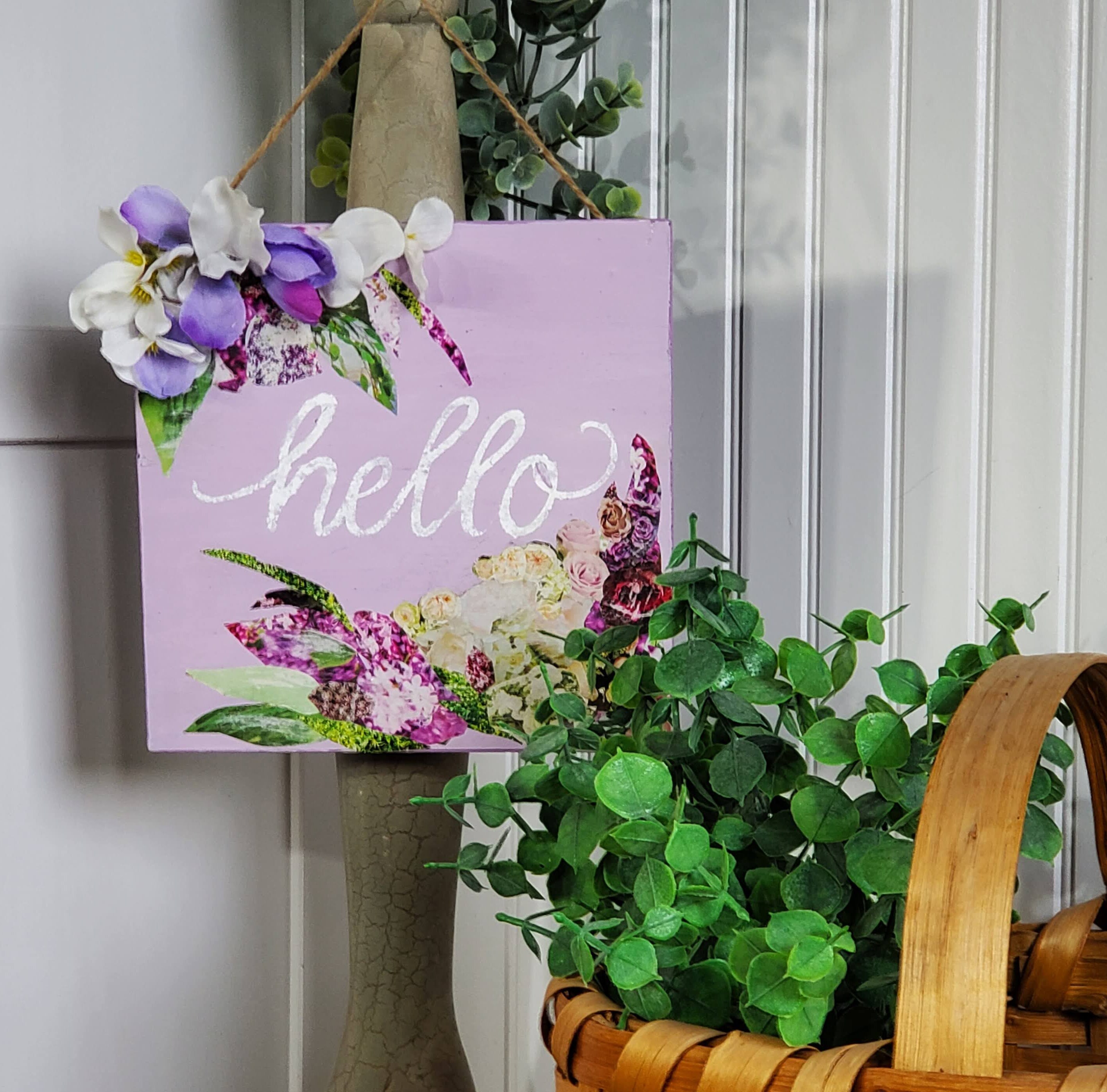 Hello Floral Sign Wood Shabby Chic Weathered Finish Christmas Gifts ...