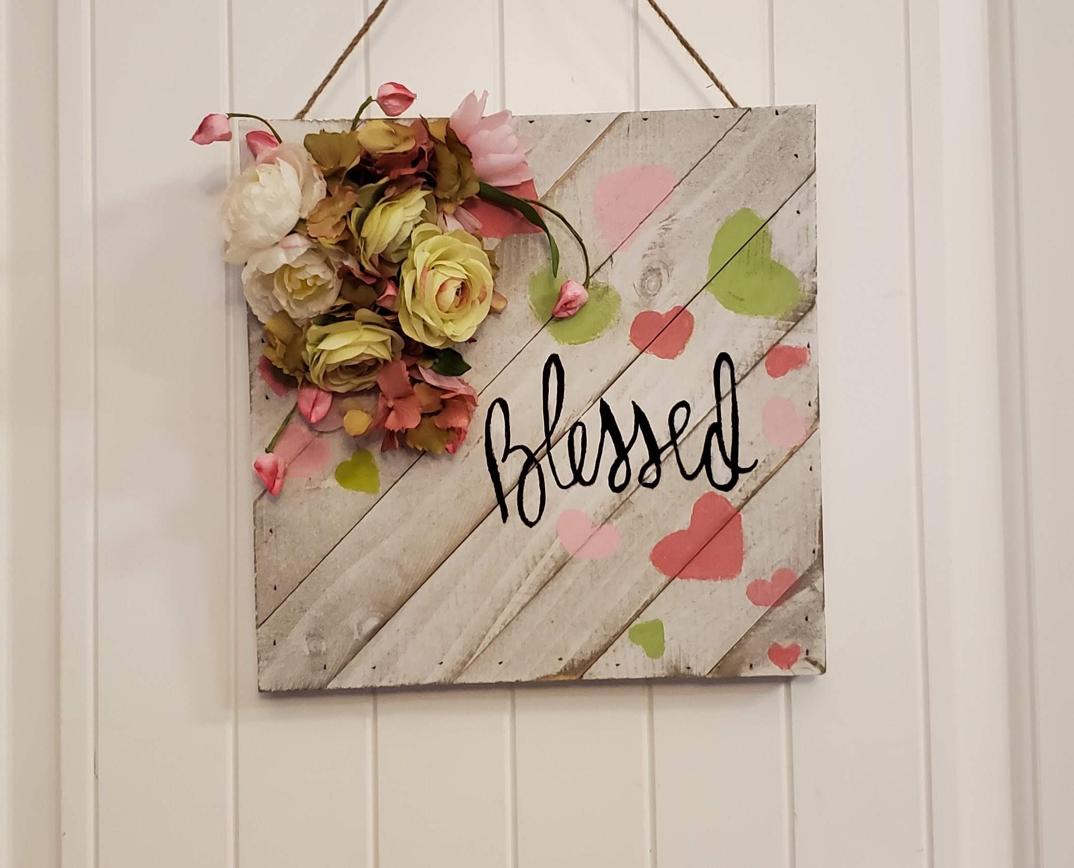 Shabby Chic Wood Sign, Floral Sign Wall Decor Hearts Blessed Message ...