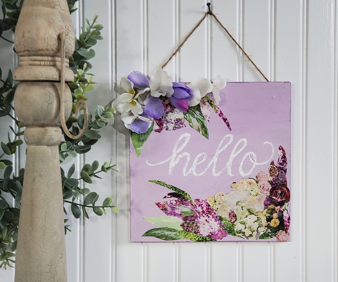 Hello Floral Sign Wood Shabby Chic Weathered Finish Christmas Gifts ...