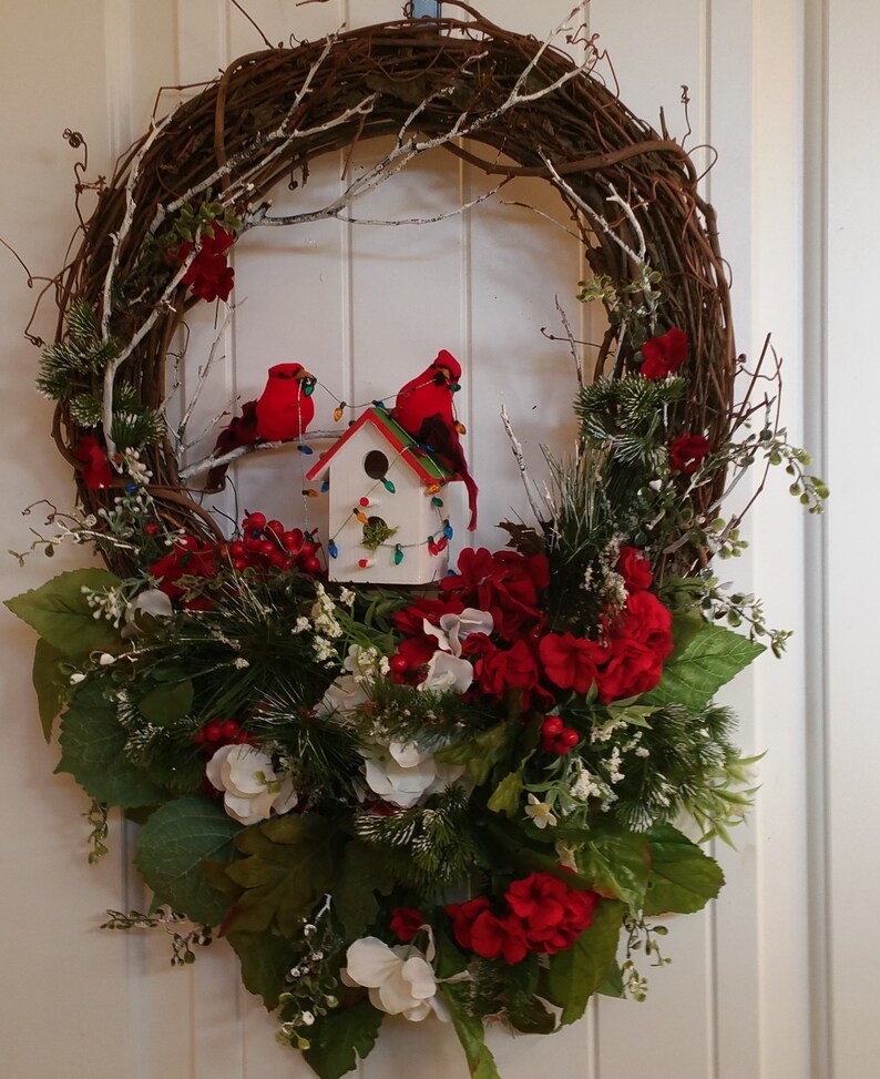 Christmas wreath Birds cardinal birdhouse Christmas lights | Etsy