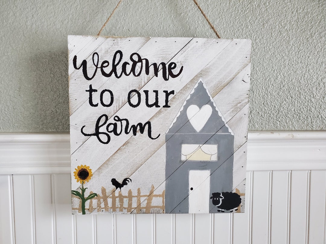 Farmhouse Farm Wood Sign Home Sheep Rooster Sunflower Welcome Sign ...