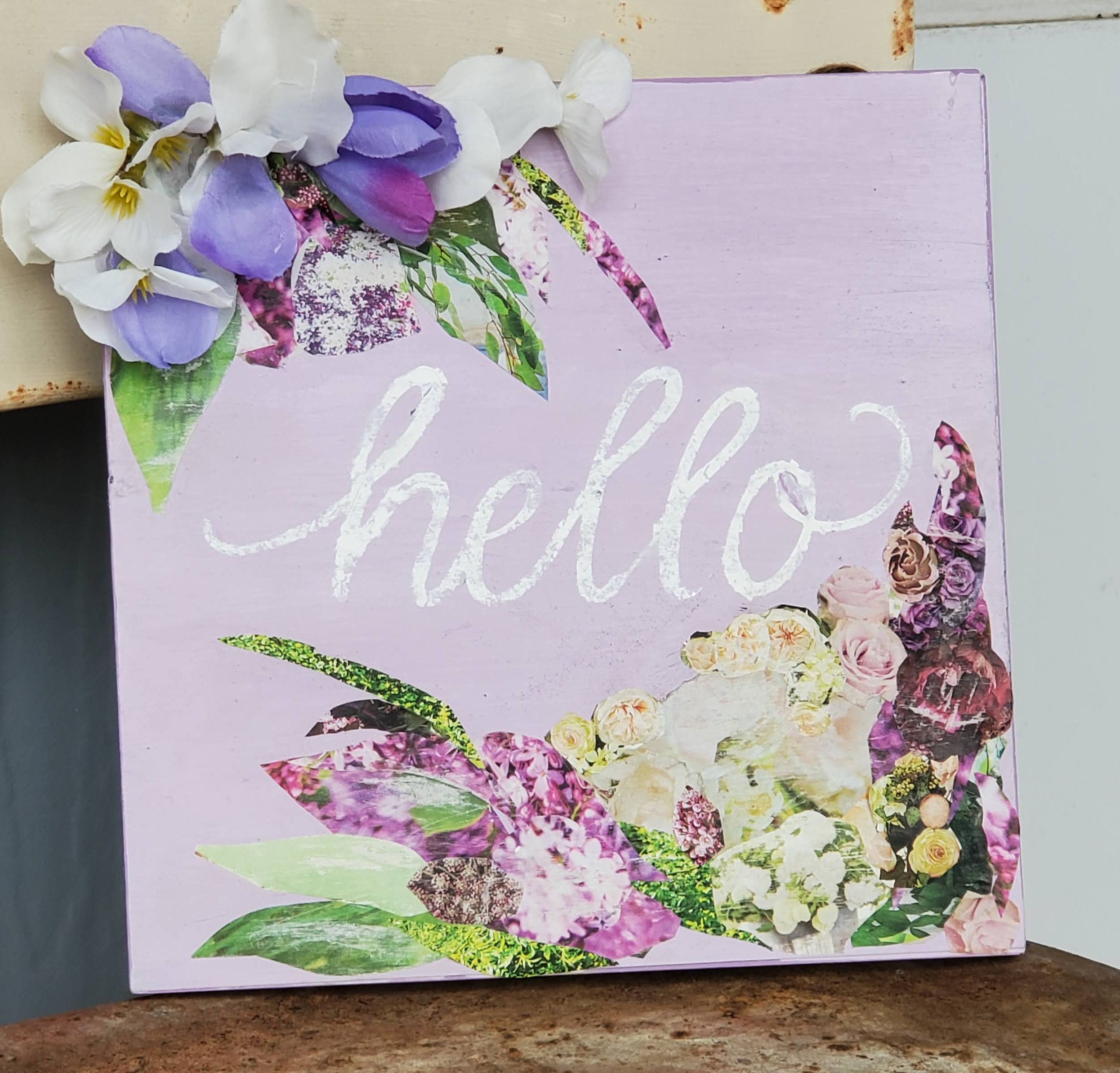 Hello Floral Sign Wood Shabby Chic Weathered Finish Christmas Gifts ...