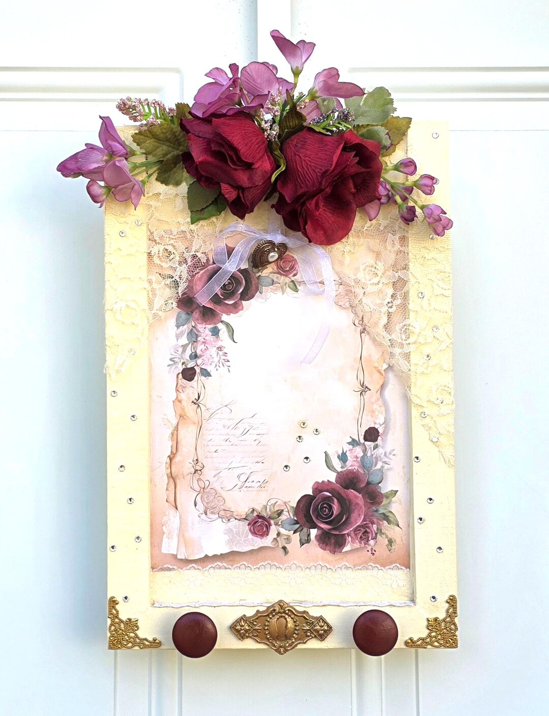 Shabby Chic Peg Rack: Victorian Red Rose & Lilac Wall Decor - Etsy