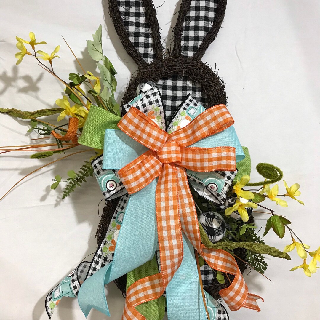 Twig Bunny Wreath, Buffalo Check Rabbit Door Hanger, Spring Floral ...