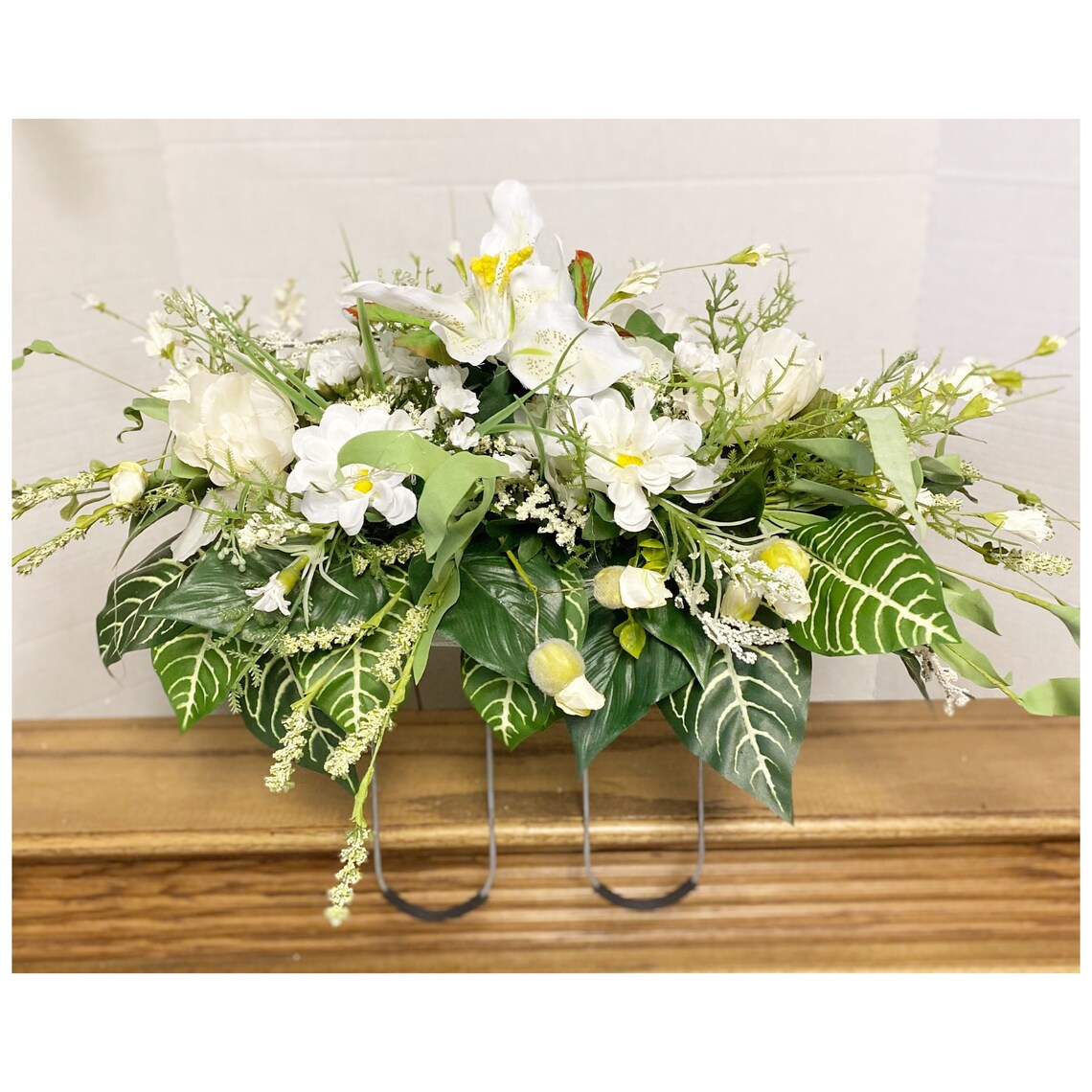 White Lily Peony Graveside Floral Arrangement, Headstone Memorial ...