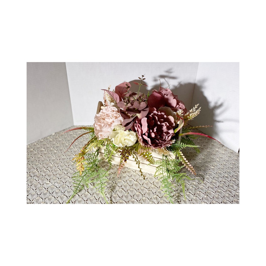 Fall Mauve Floral Table Arrangement, Rustic Wooden Centerpiece - Etsy