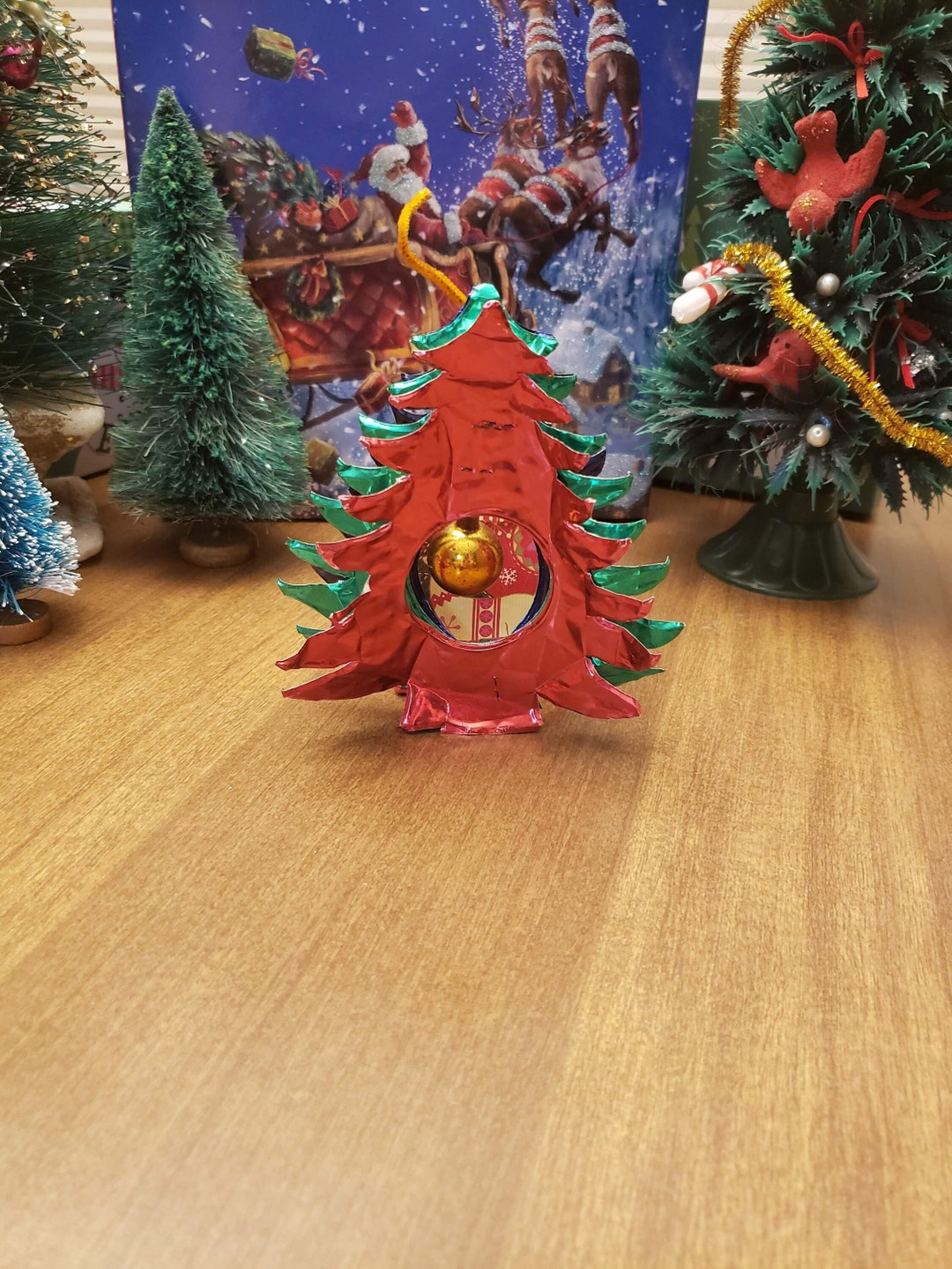 Christmas Foil Tree Red, Green, Blue, With Gold Glass Ball, Vintage ...