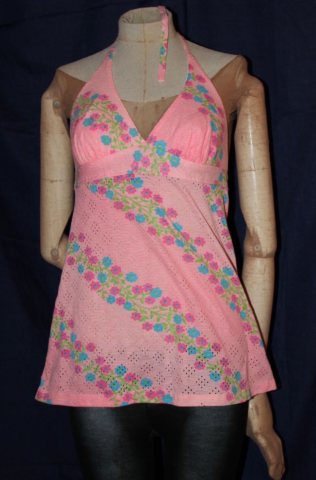 Vintage 70s Swim Top Tankini Babydoll Style Top Only Halter Neck Pink ...