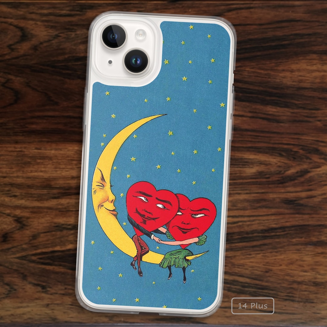 Funky iPhone Case With Quirky Romantic Heart People and Moon - Etsy