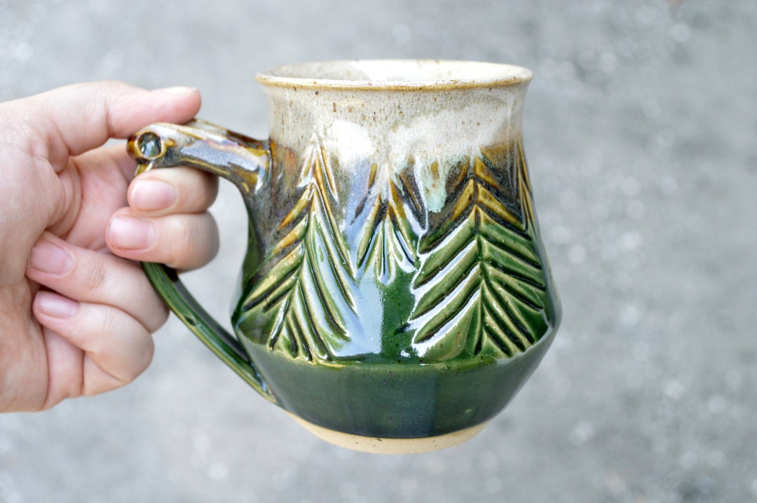 Green Forest Handmade Pottery Angular Belly Mug With Thumb Rest, 14oz ...