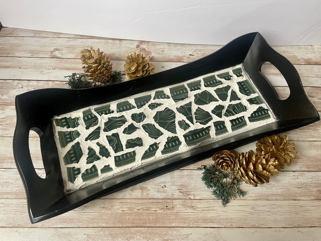 Black Wooden Tray With Green Textured Ceramic Mosaic - Etsy