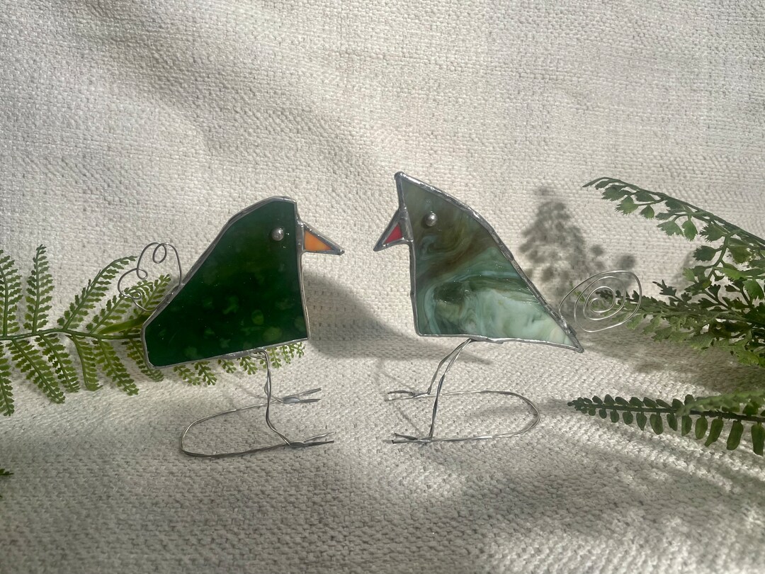 Stained Glass Bird Home Decor Glass Art Handmade Green Set of 2 - Etsy
