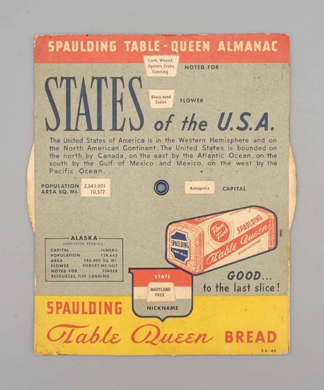 Spaulding Table Queen Bread, States of the U.S.A., Vintage Collectable ...