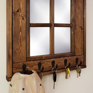 Barn Window Mirror With Hooks - 20 Stain Colors - Wall Hook Rack ...