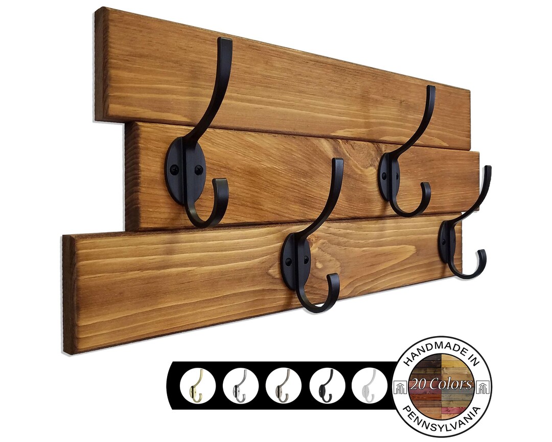 American Farmhouse Wood Wall Hook Rack - 20 Stain Color - Coat Hook ...