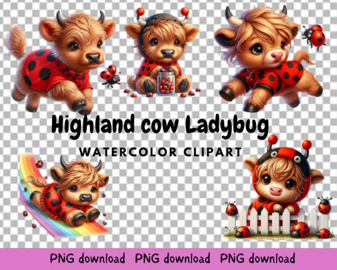 Watercolor Ladybug Highland Cow Clipart, Highland Cow PNG, Ladybug Png ...