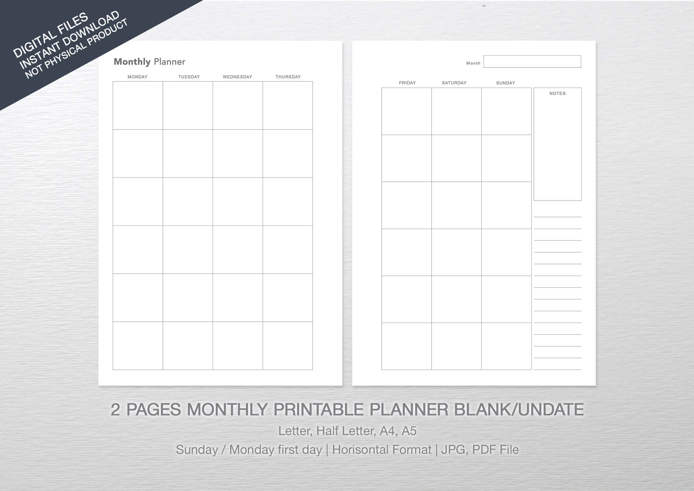 2 PAGES Monthly Printable Planner Undate / Blank, Sunday Monday Start ...