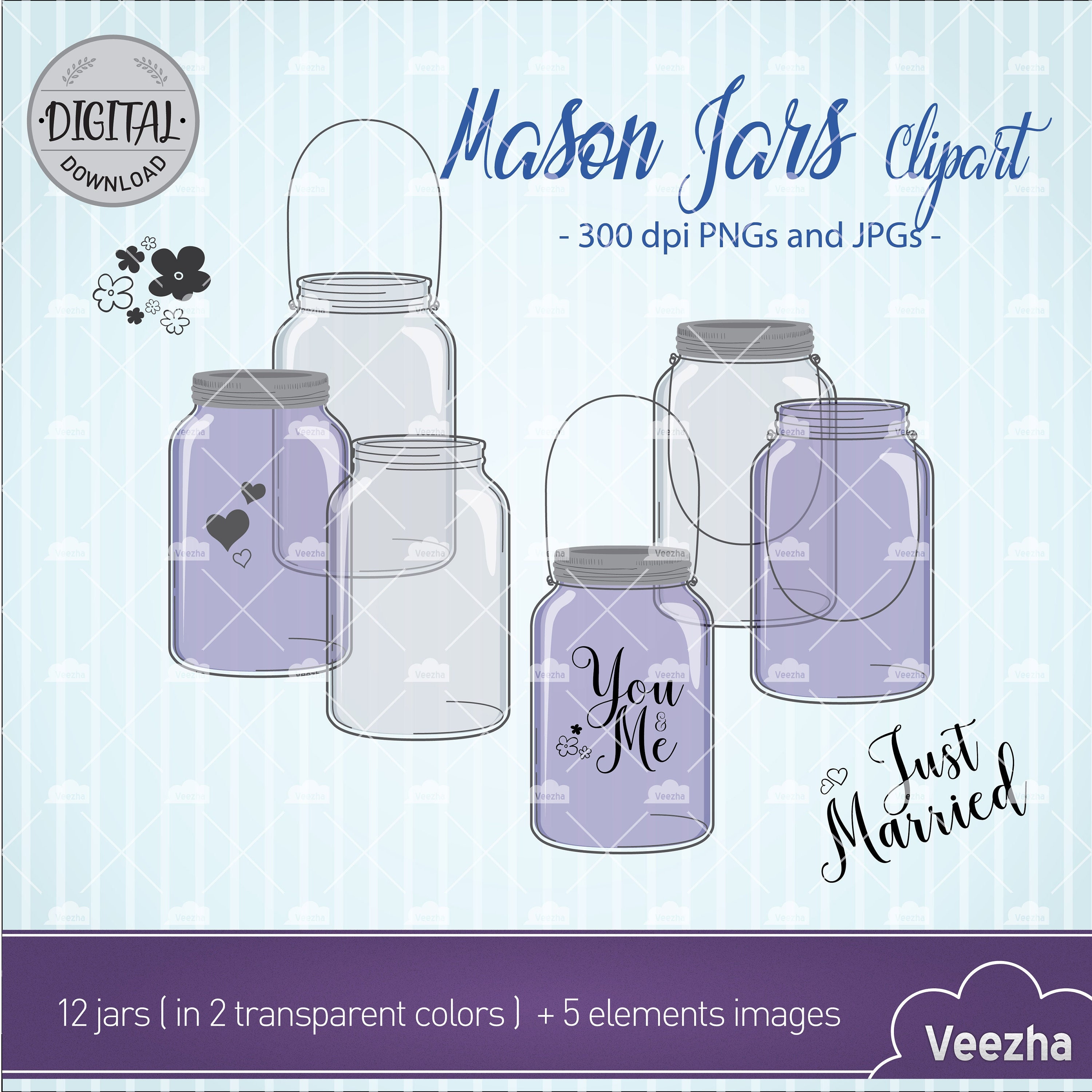 Purple Mason Jar Clip Art Floral Mason Jars Watercolor Set