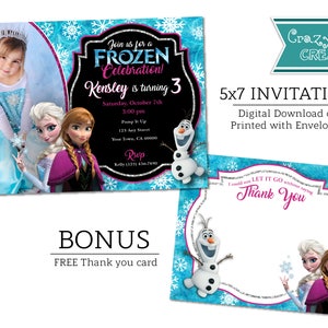 Frozen Anna and Elsa Invitation, FREE Thank You Card, Frozen Birthday ...